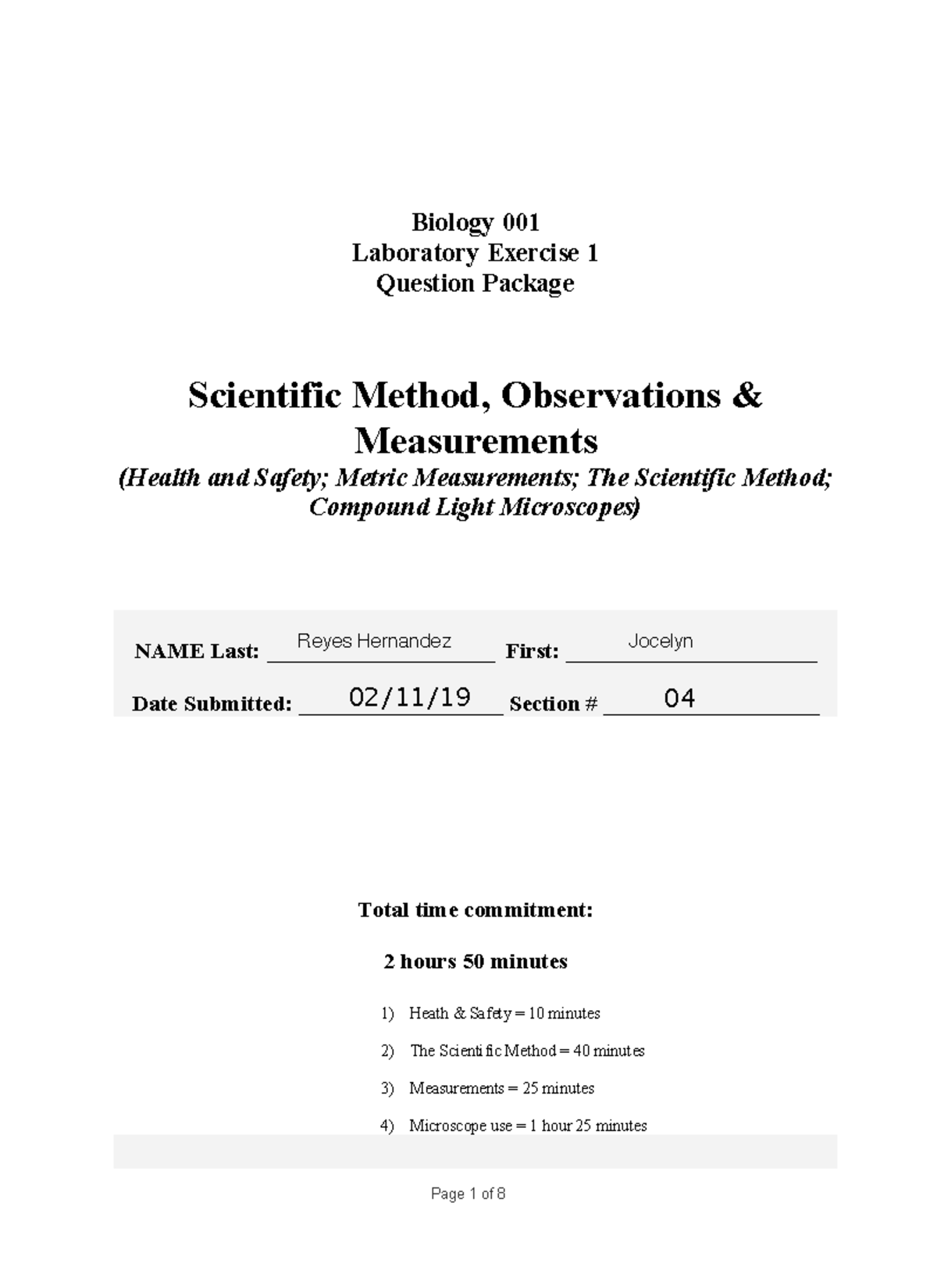 LAB 1 - Scientific Method Questions - Biology 001 Laboratory Exercise 1 Question Package ...