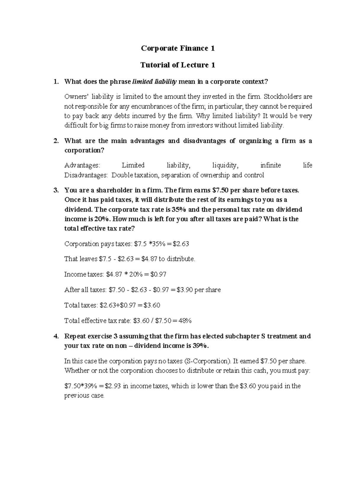 Solution 1 - Lecturer: Dr Thomai Filippeli - Corporate Finance 1 ...