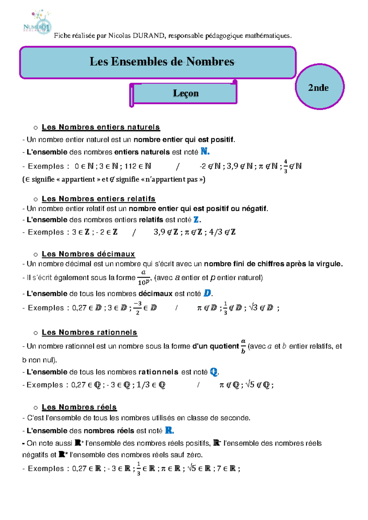 Les ensembles de nombres 2nde - e o Les Nombres entiers naturels - Un ...