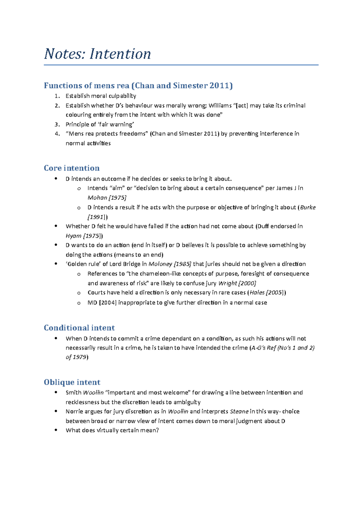 Notes Intention - Summary Criminal Law - Notes: Intention Functions of ...