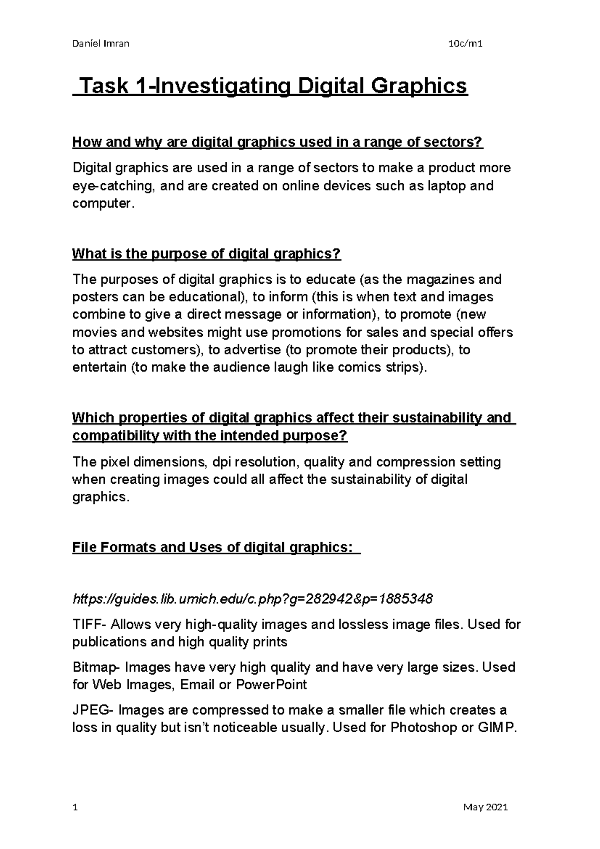 Task 1- Wordd - bbbc - Daniel Imran 10c/m Task 1-Investigating Digital Graphics How and why are ...