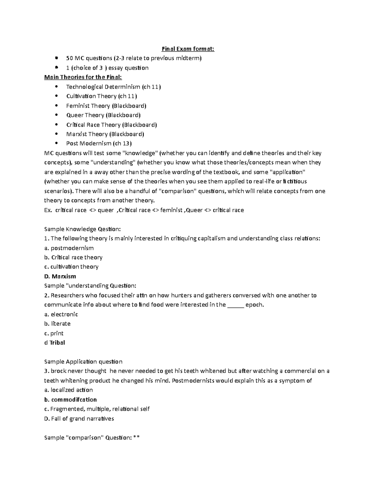 Final Exam Format, with sample questions - Final Exam format: 50 MC ...