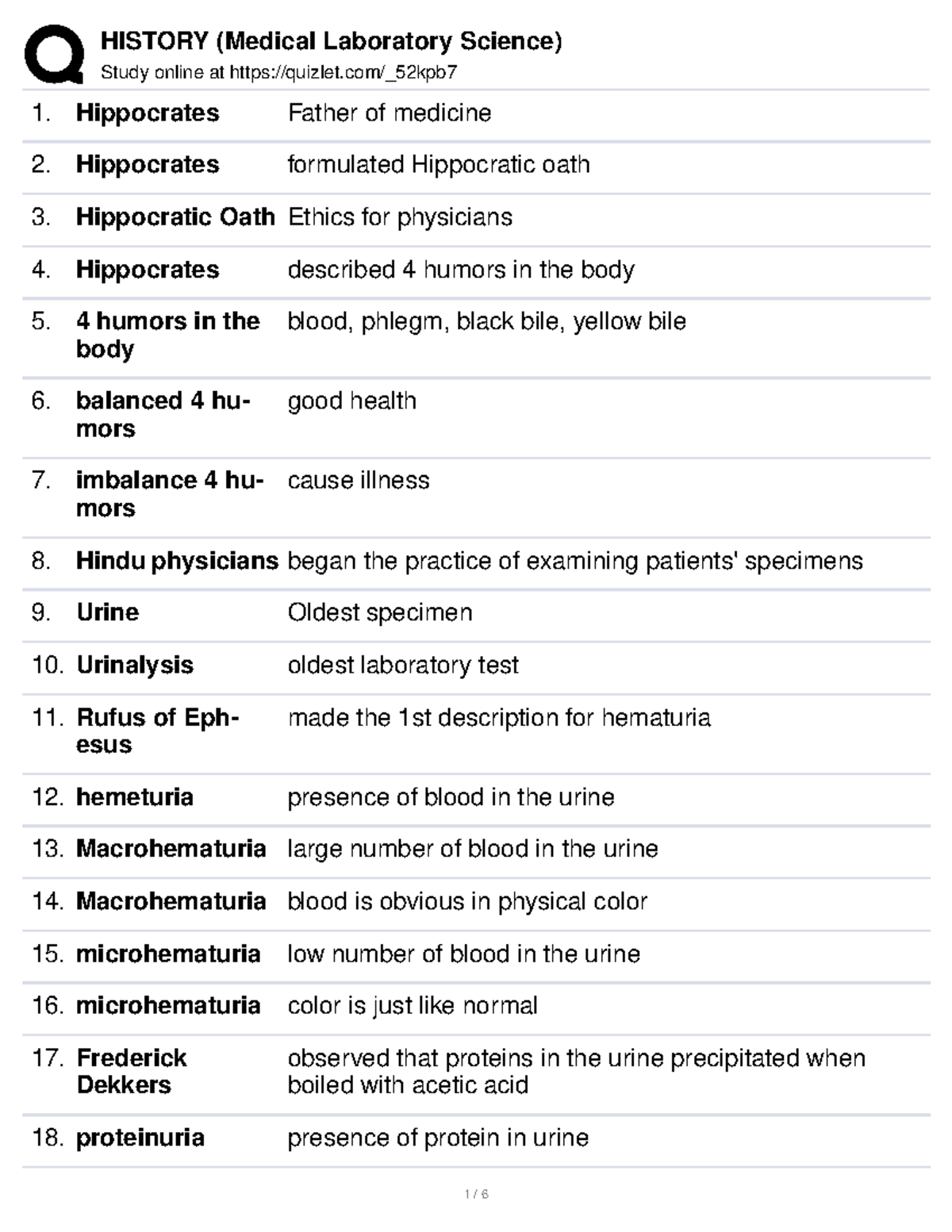 History (Medical Laboratory Science) - Study online at quizlet/_52kpb ...