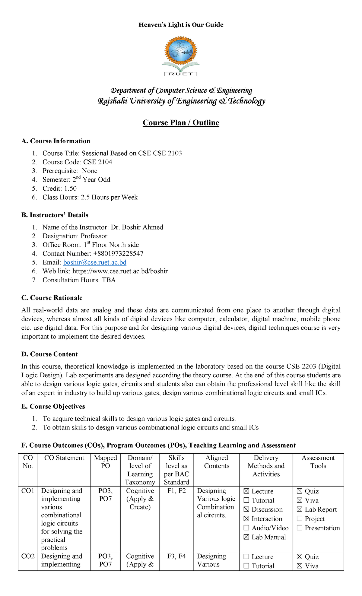 OBE Course Plan CSE 2104 - Heaven’s Light is Our Guide Department of Computer Science & - Studocu