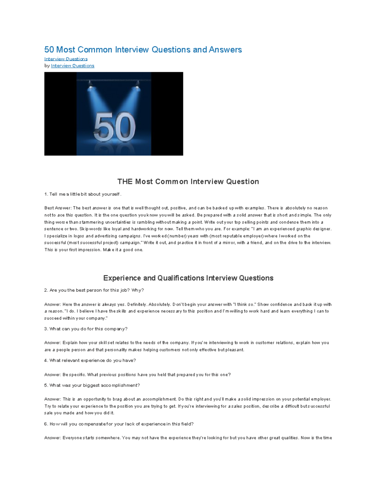 Pdfcoffee - ####### 50 Most Common Interview Questions and Answers Interview Questions by ...