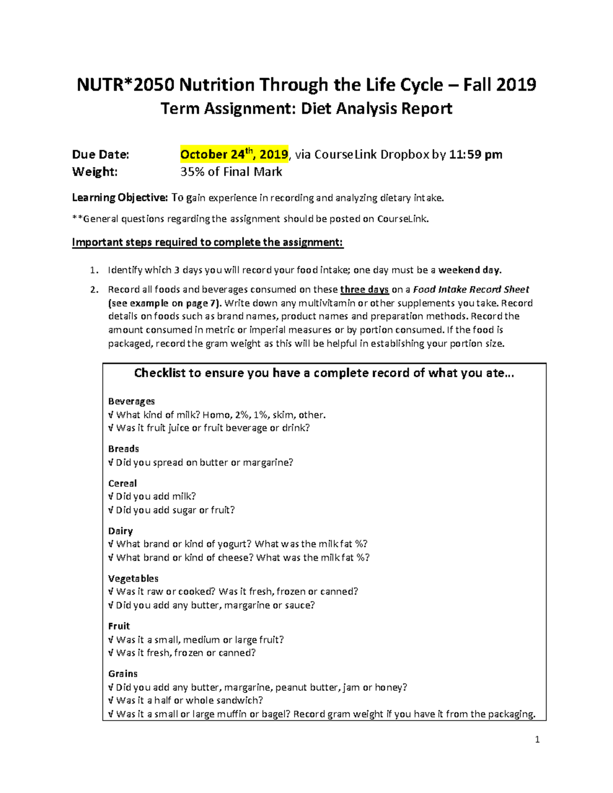 Diet Analysis Assignment 2019 Rubric - NUTR*2050 Nutrition Through the ...