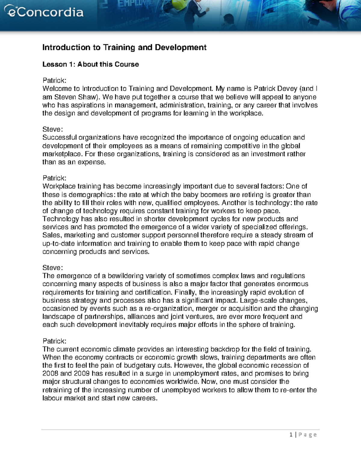 Lesson 1 - notes - 1 | P a g e Introduction to Training and Development ...