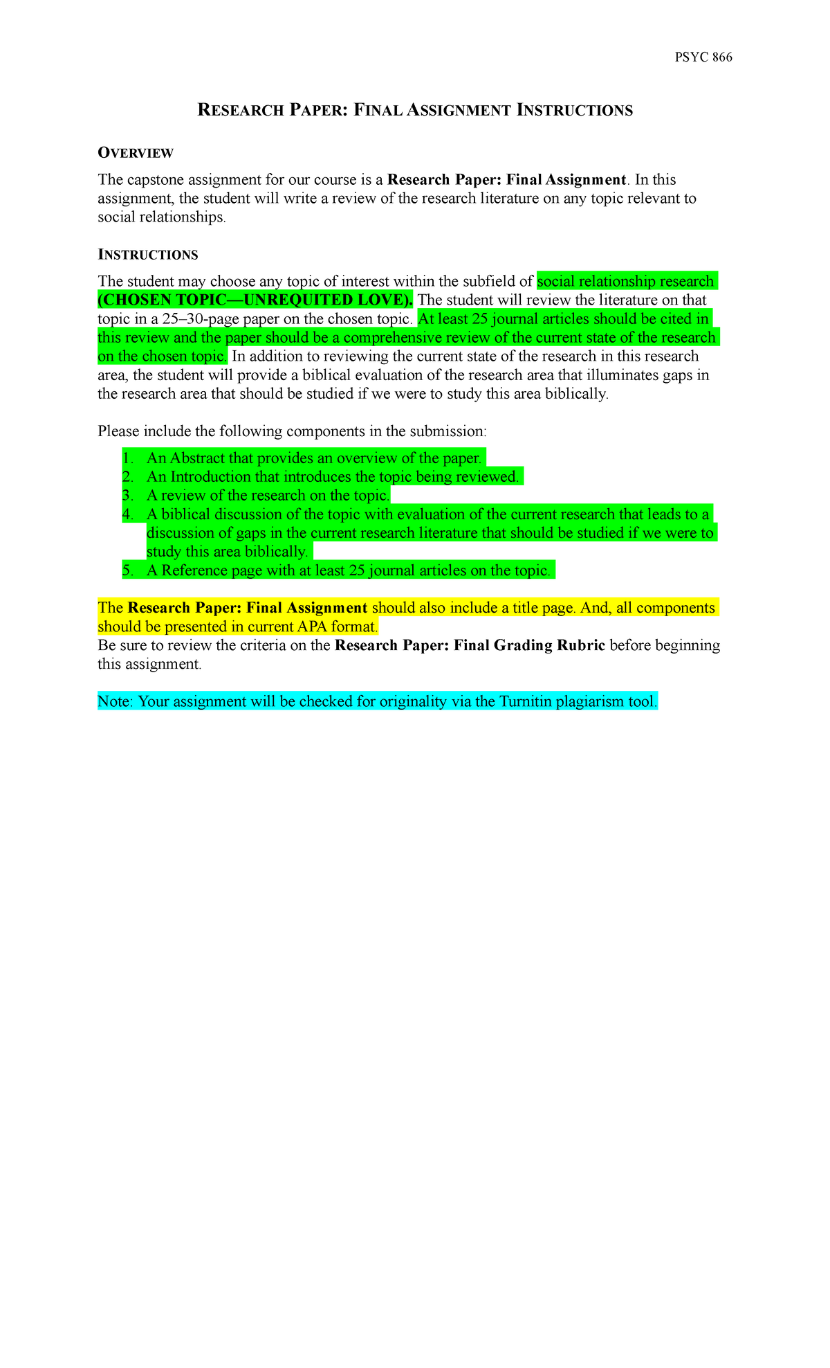 Instructions RP - notes - PSYC 866 RESEARCH PAPER: FINAL ASSIGNMENT ...