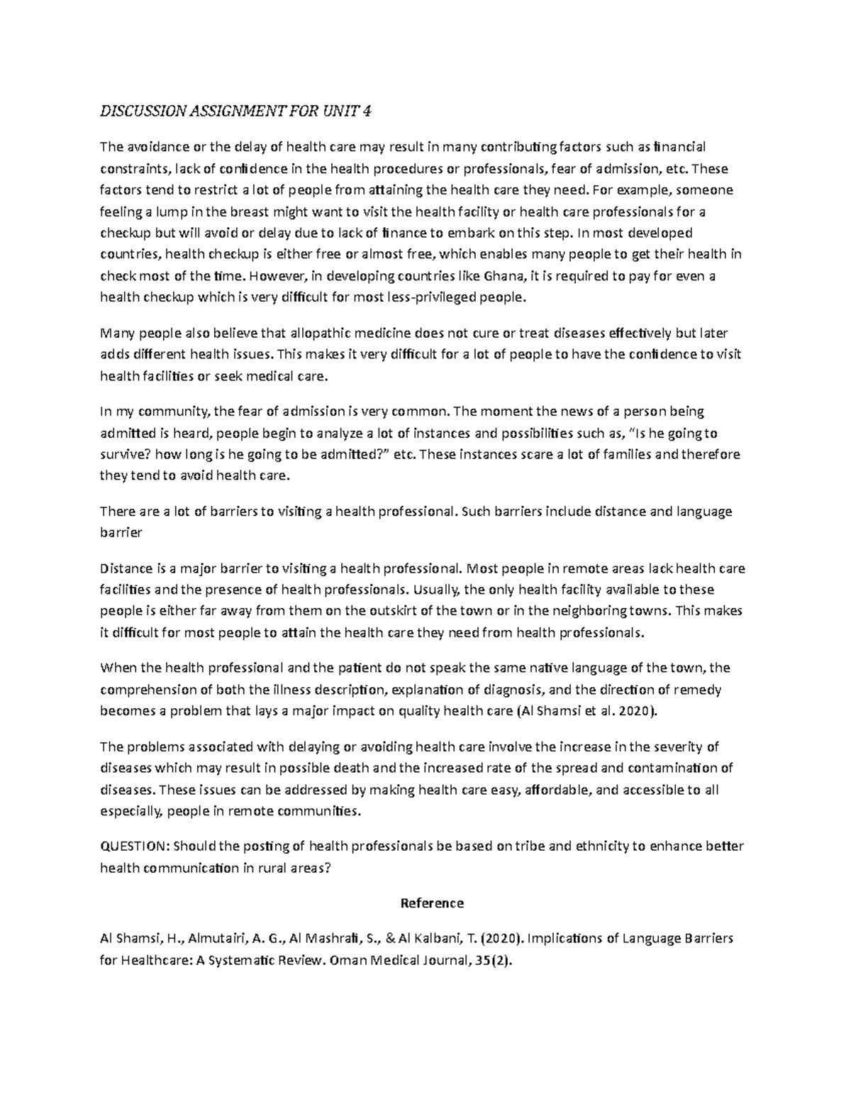 UNIT 4 Discussion Assignment - DISCUSSION ASSIGNMENT FOR UNIT 4 The ...