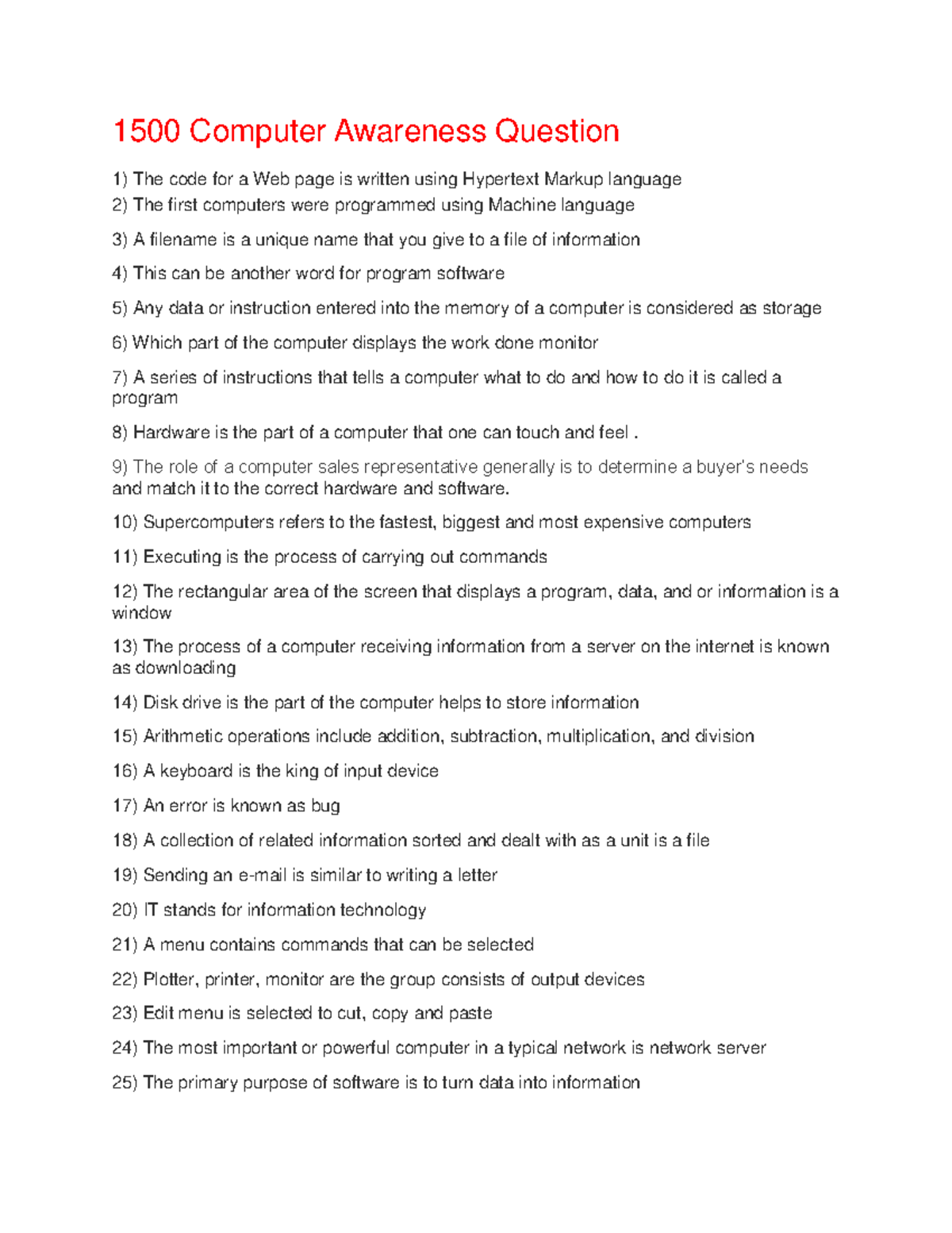 1. 1500 computer one liners Question Answers - 1500 Computer Awareness ...