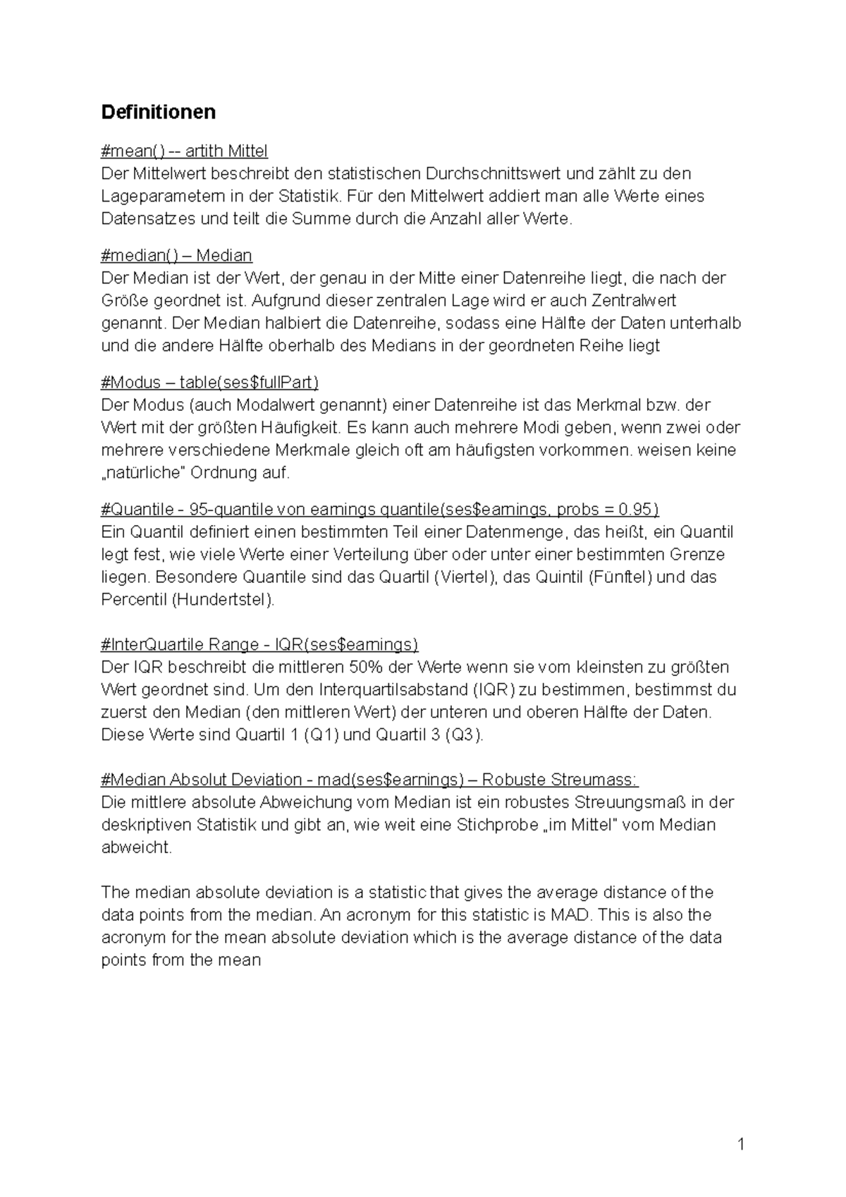 Statistik - Definitionen - Definitionen #mean() - artith Mittel Der ...