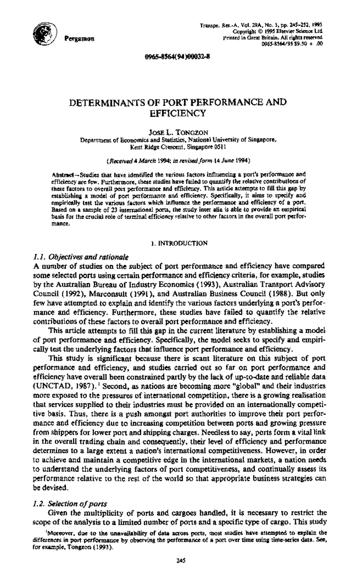 Determinants OF PORT Performance AND Eficiency - Pergnmoa Transpn. Rcs ...