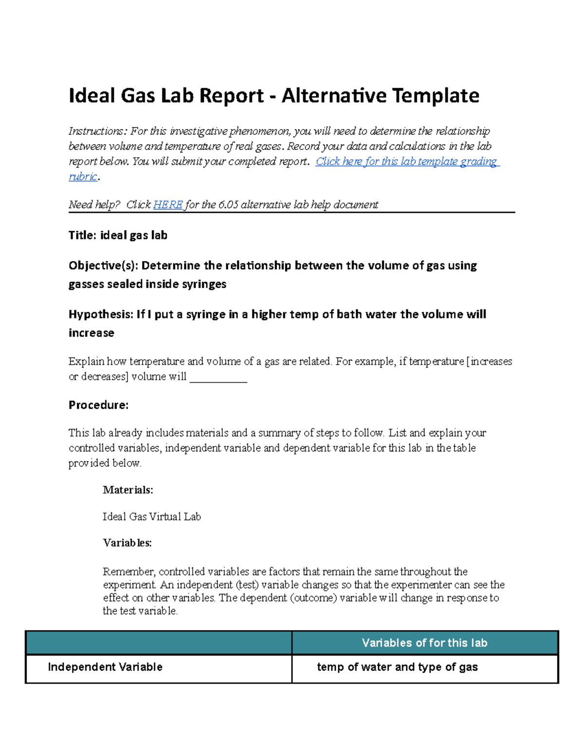 Copy of 6.05 Ideal Gas Lab Alternative Template - Studocu