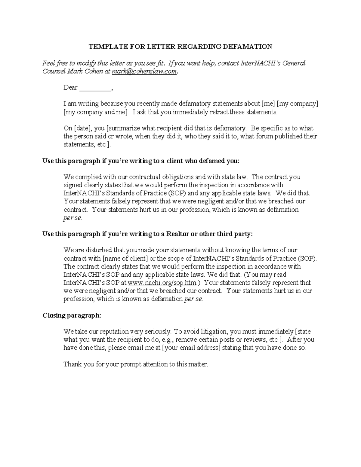 Template for Letter Responding to Defamation - TEMPLATE FOR LETTER ...
