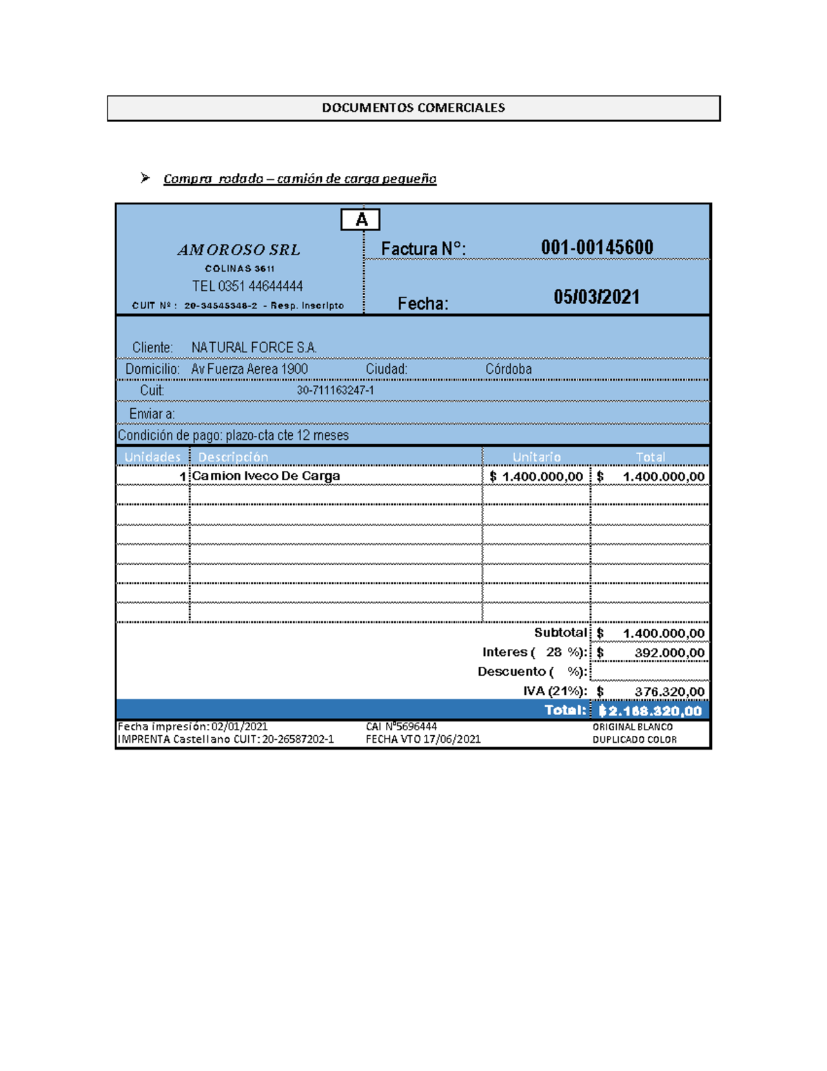Documentación extra - TP3 - DOCUMENTOS COMERCIALES Compra rodado – camión de carga pequeño ...