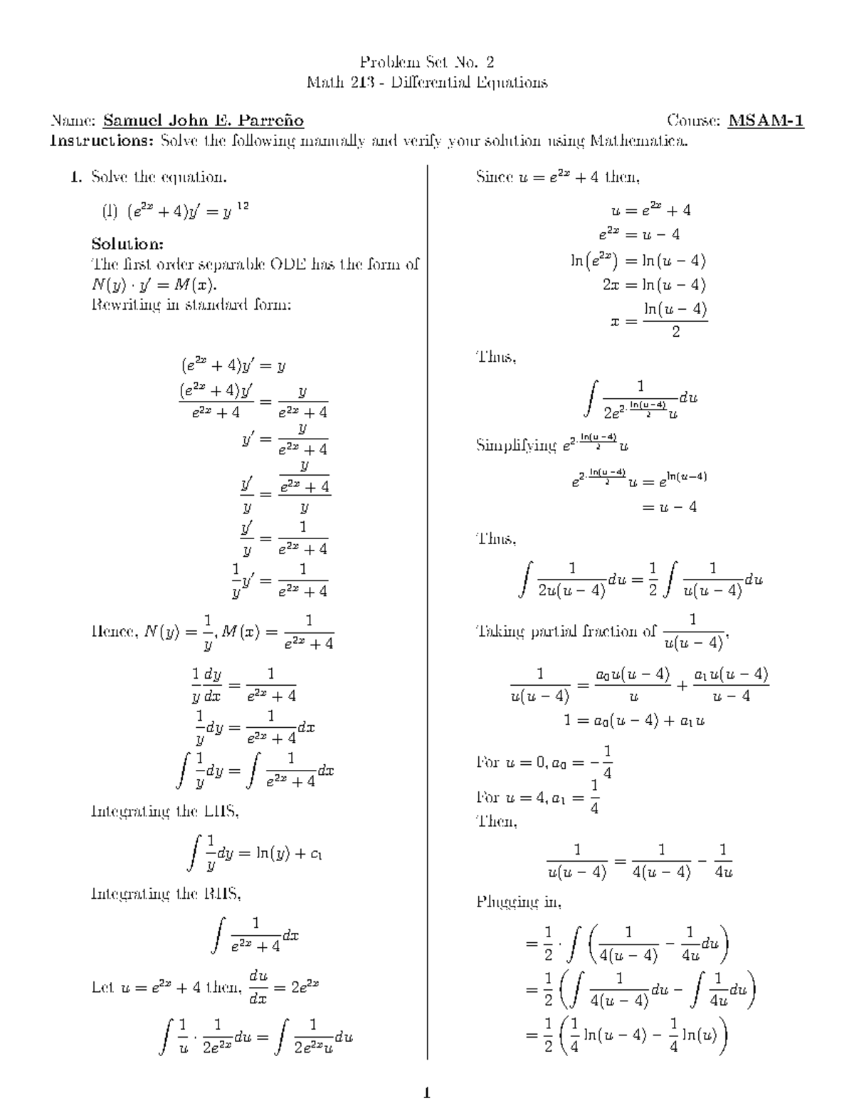 Problem Set No. 2 - ProblemSetNo. 2 Math 213 - Di erentialEquations ...