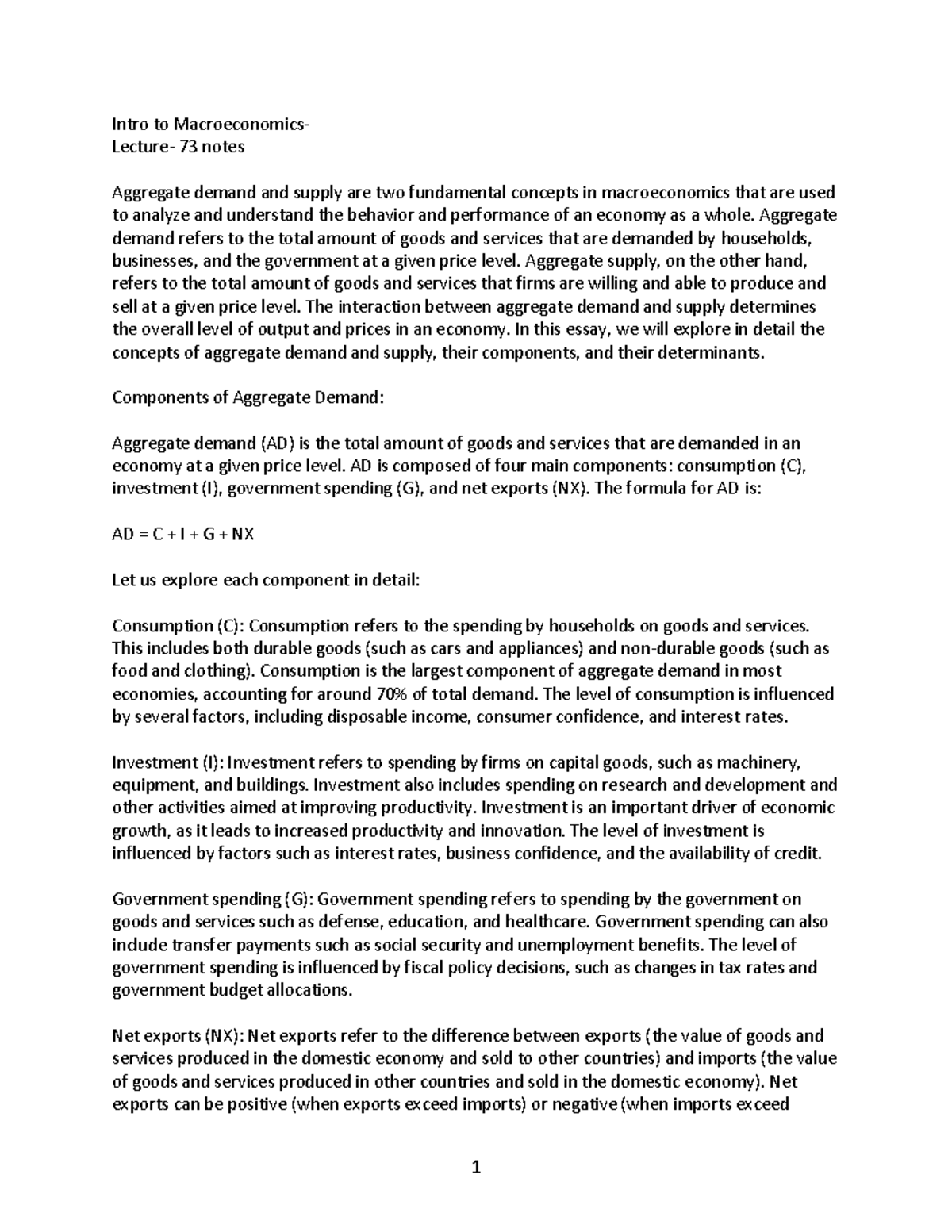 Intro To Macroeconomics Lecture 73 Notes 1 Intro To Macroeconomics Lecture 73 Notes