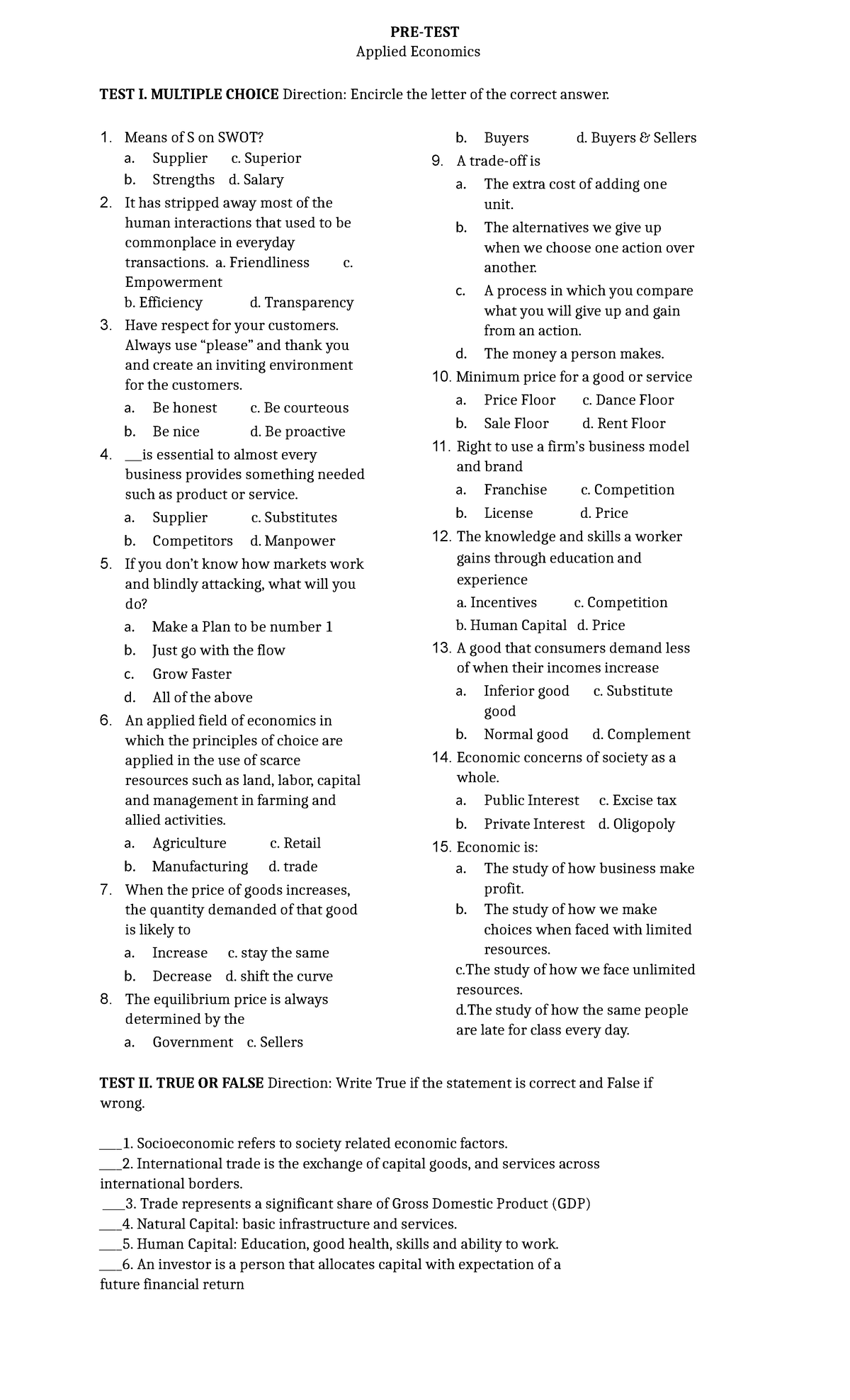 Pretest Applied Economics - PRE-TEST Applied Economics TEST I. MULTIPLE ...
