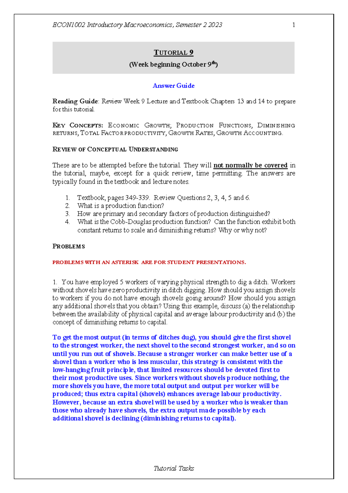 Tutorial Week 10 answer guide - Answer Guide Reading Guide: Review Week 9 Lecture and Textbook ...