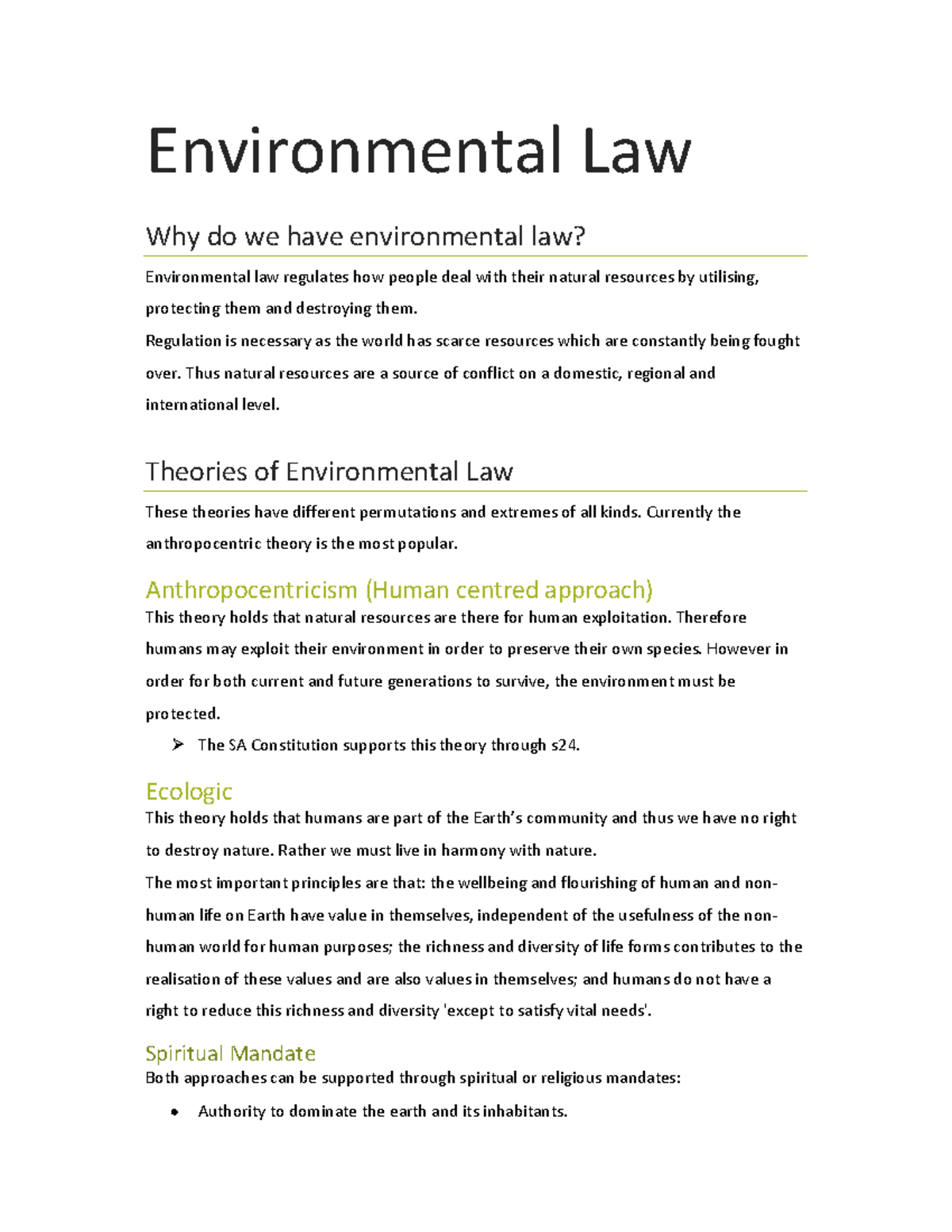 Environmental law Notes - lecture notes - Environmental Law Why do we ...