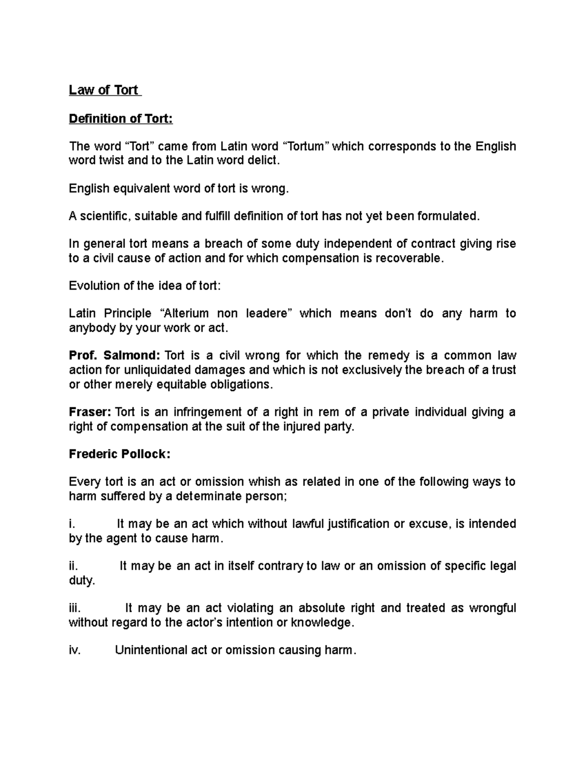 Law of Tort - None - Law of Tort Definition of Tort: The word “Tort ...