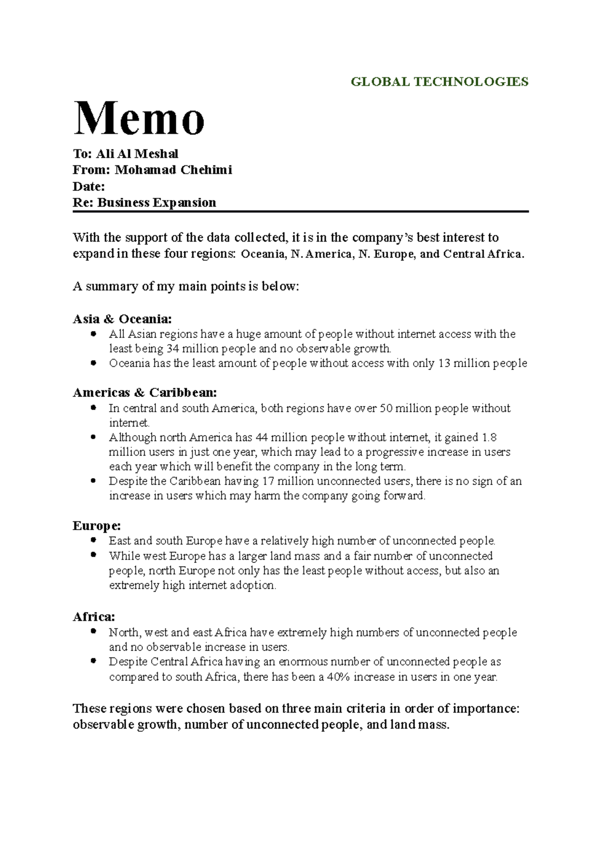 English Memo - GLOBAL TECHNOLOGIES Memo To: Ali Al Meshal From: Mohamad ...