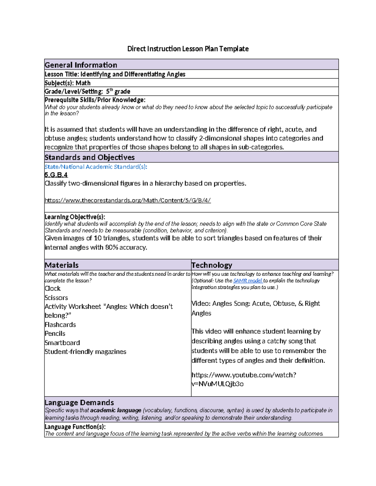 Task 2: Lesson Plan - Direct Instruction Lesson Plan Template General ...