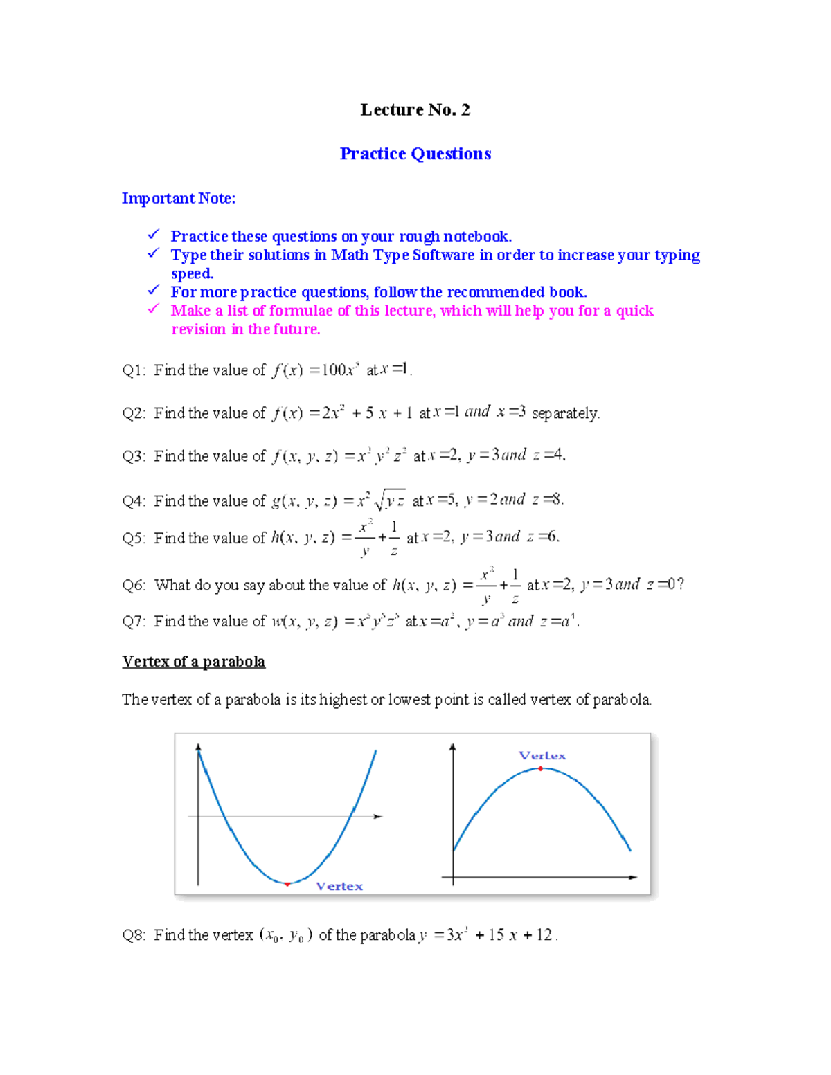 Practice Questions Lecture 2 - Lecture No. 2 Practice Questions Important Note: Practice these ...