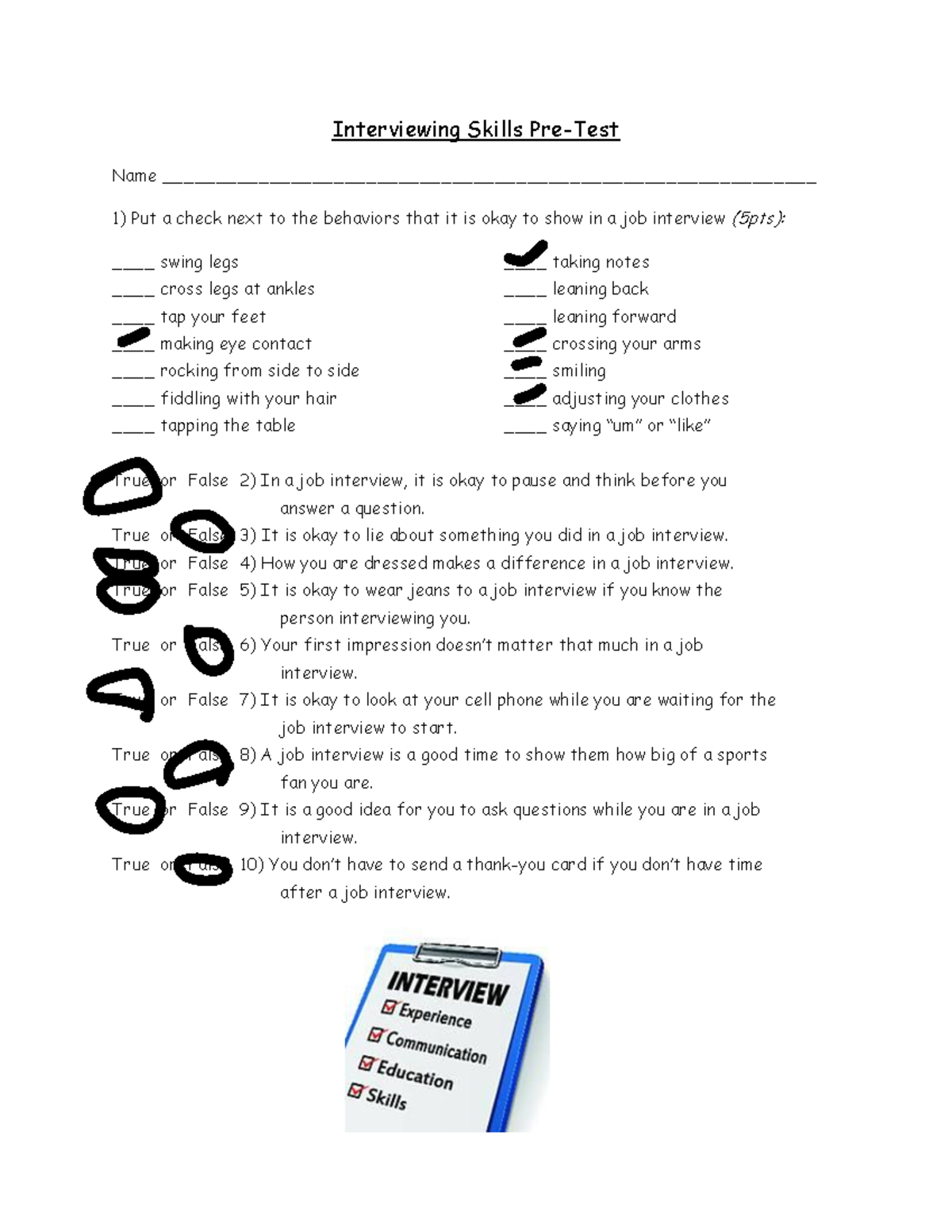 Job Interviewing Skills Pre Test-1 - Interviewing Skills Pre-Test Name ...