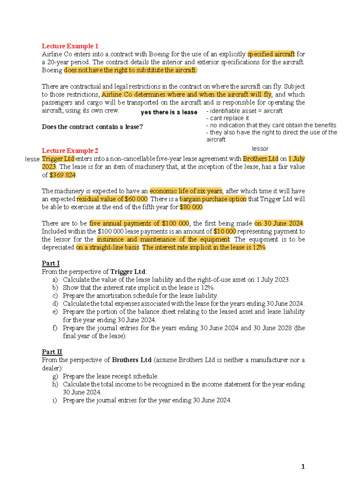 Lecture Examples (Leases) - 1 Lecture Example 1 Airline Co enters into ...