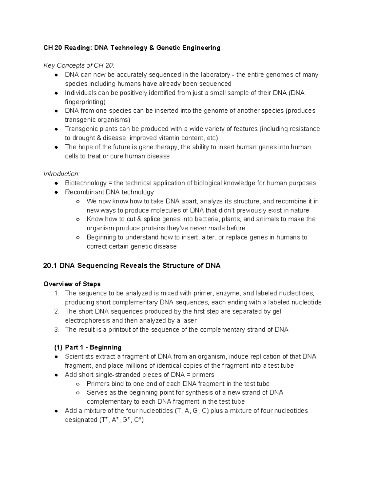 CH 20 Reading Notes - CH 20 Reading: DNA Technology Genetic Engineering ...