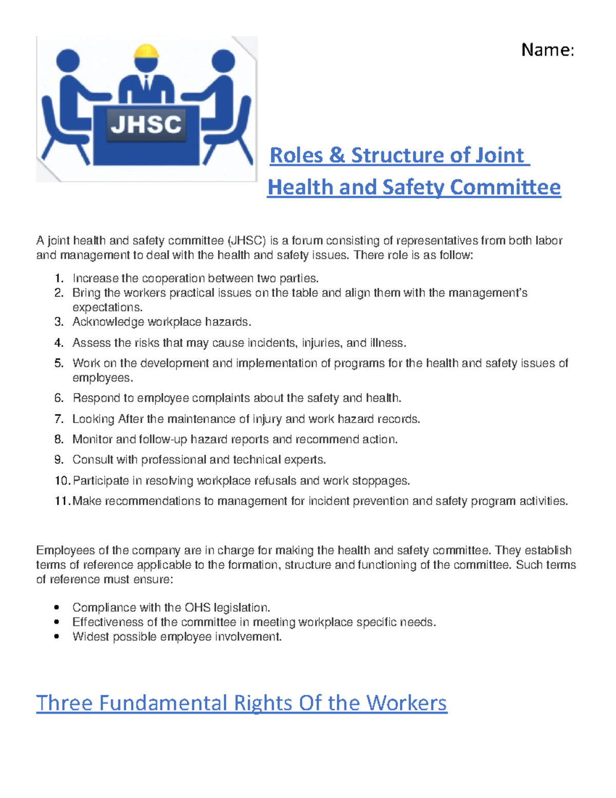 Asssignment - role and structure of joint health and safety committee ...