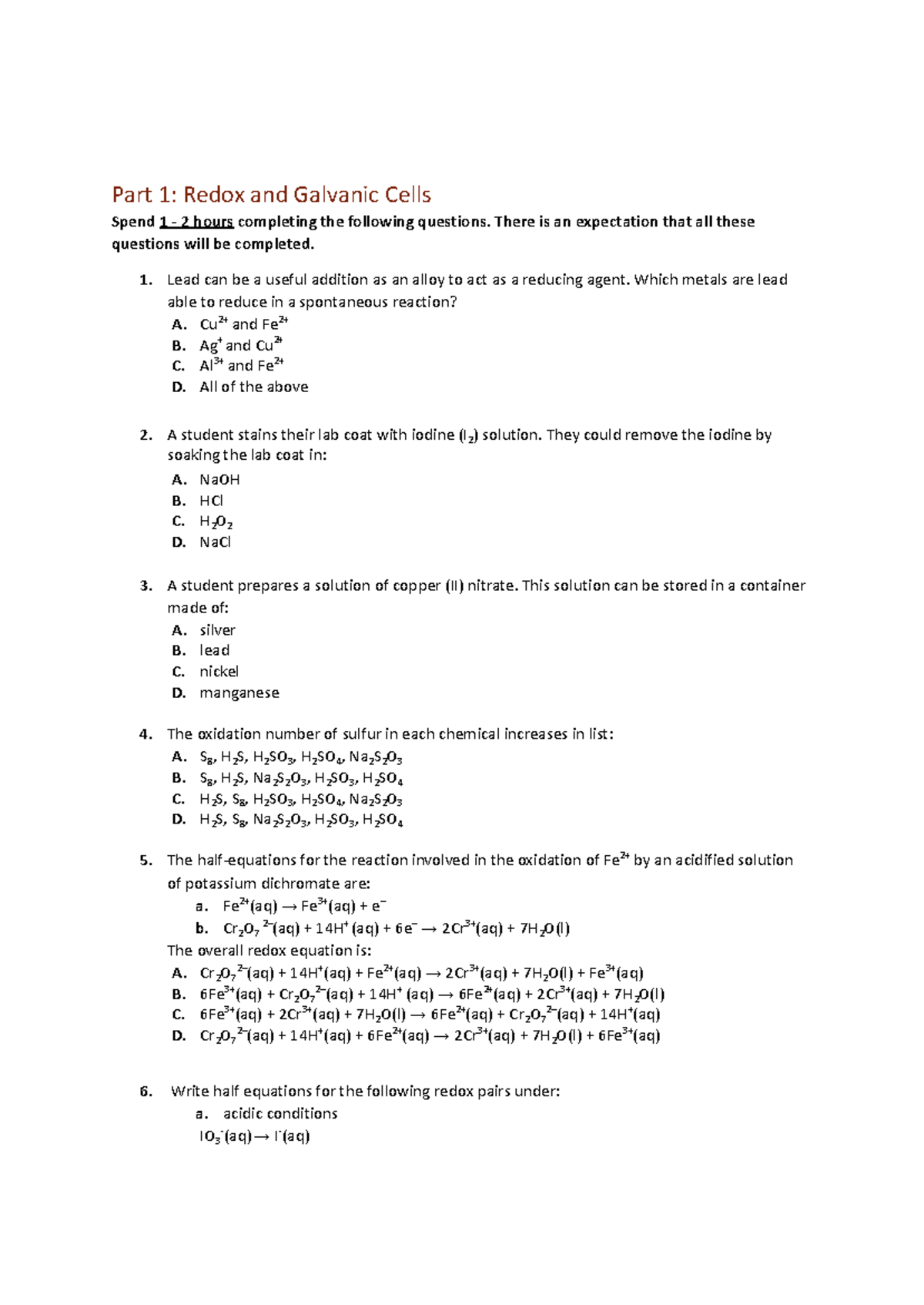 Chem 3:4 practice q's - Part 1: Redox and Galvanic Cells Spend 1 - 2 ...