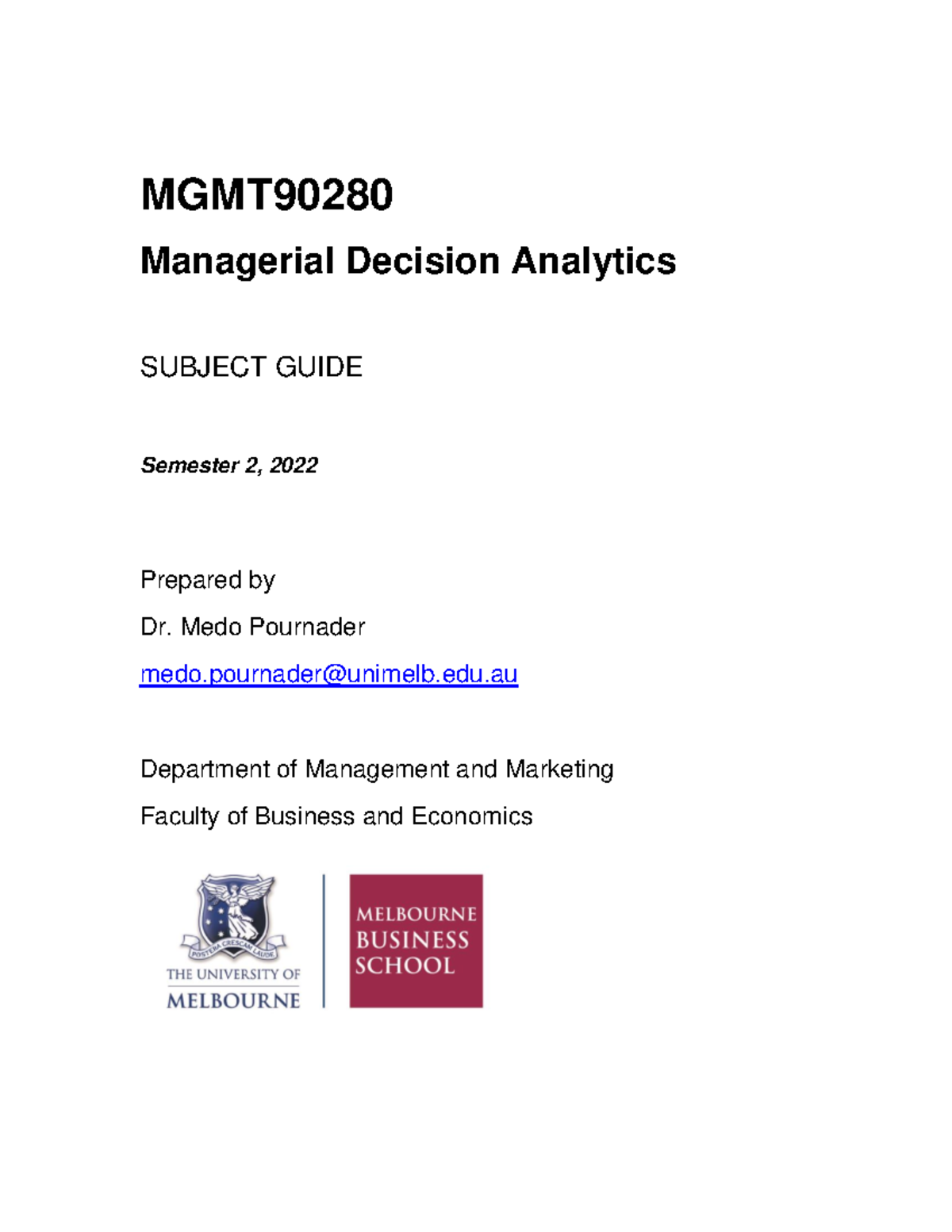 Management S2 2022 - MGMT Managerial Decision Analytics SUBJECT GUIDE ...