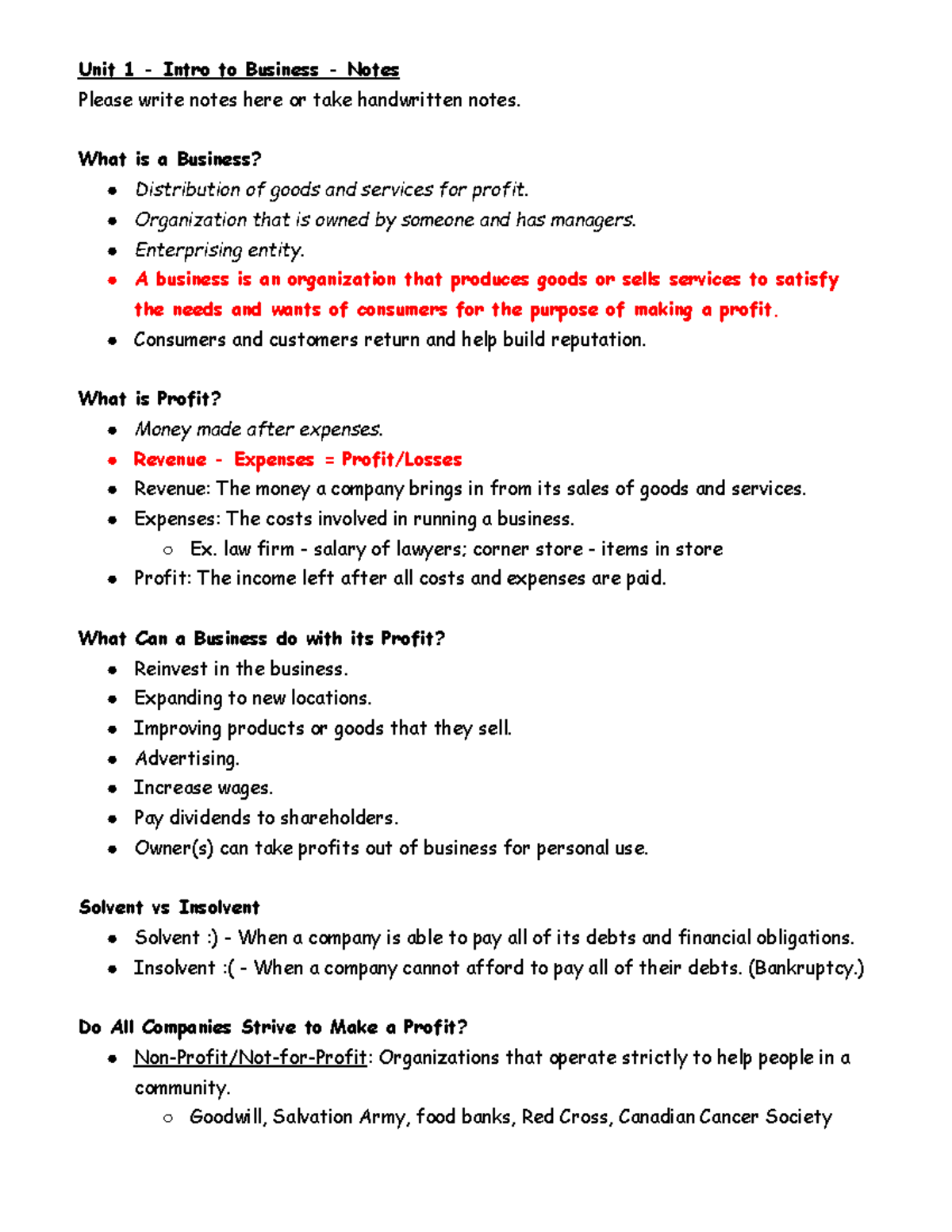 Unit 1 - Intro to Business - Notes - What is a Business? Distribution ...