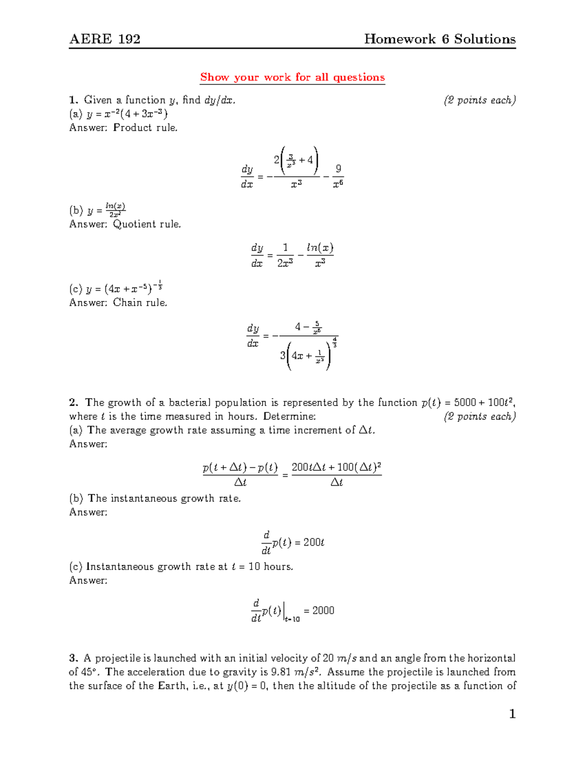 AERE 192 Homework 6 - AERE 192 Homework 6 Solutions Show your work for ...