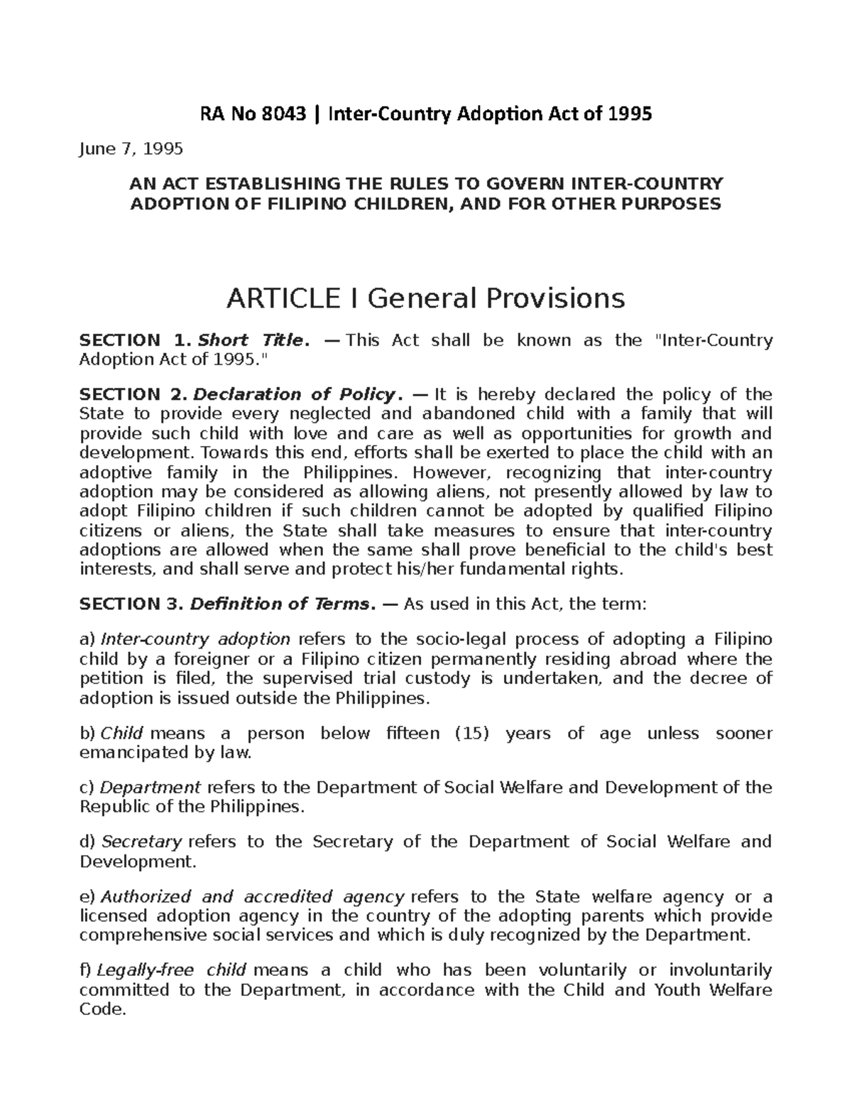 RA No 8043 Inter-Country Adoption Act of 1995 - RA No 8043 | Inter-Country Adoption Act of 1995 ...