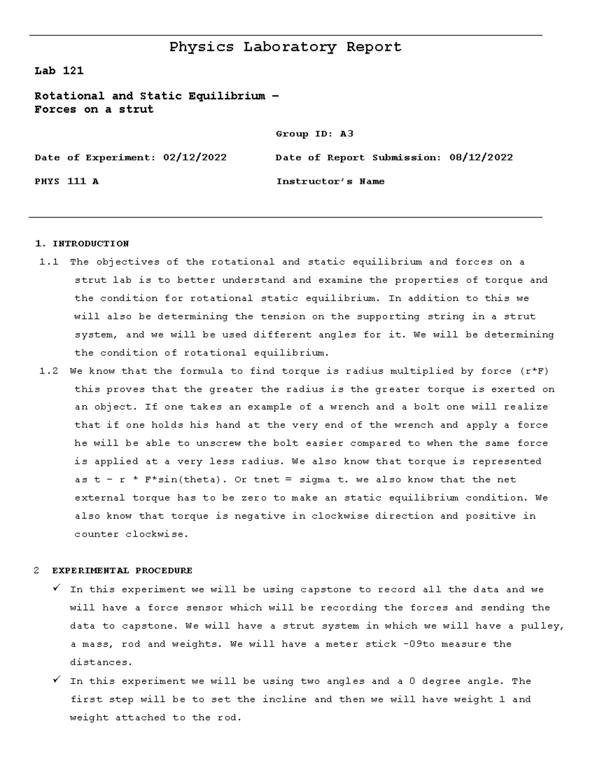 Rotational and Static Equilibrium – Forces on a strut Lab 121 111A ...