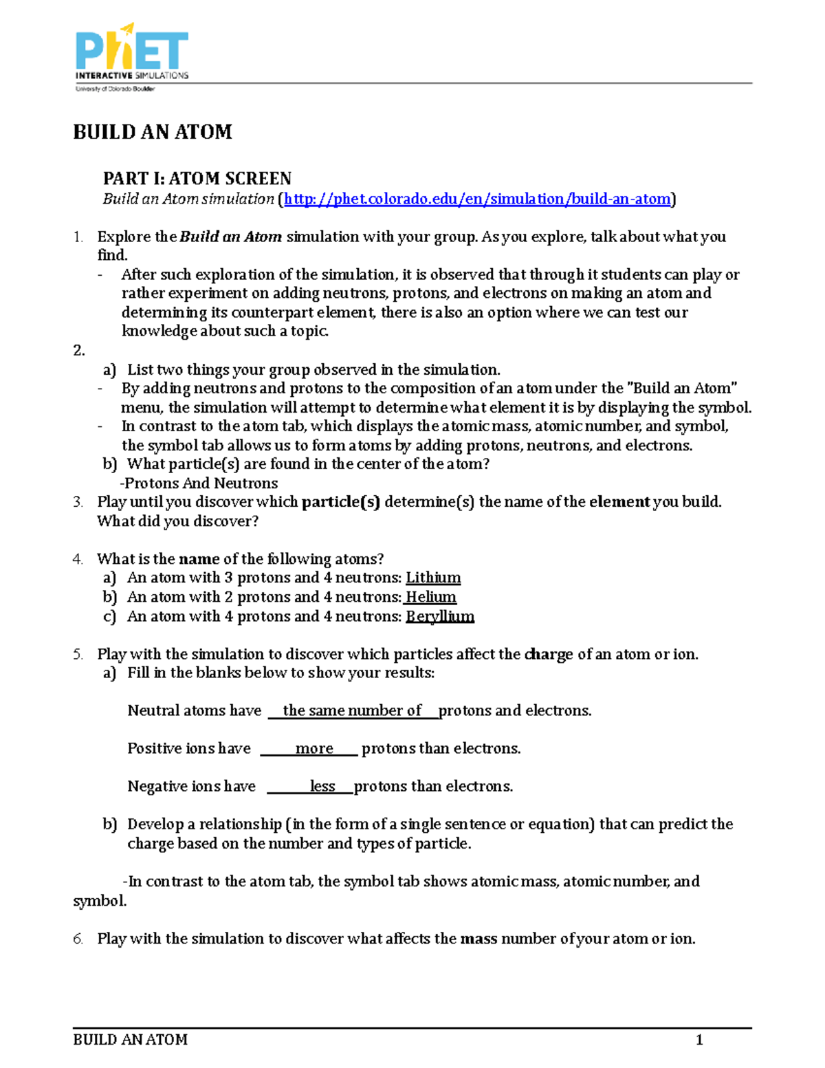 Build An Atom Guided Inquiry Student Handout - BUILD AN ATOM PART I ...