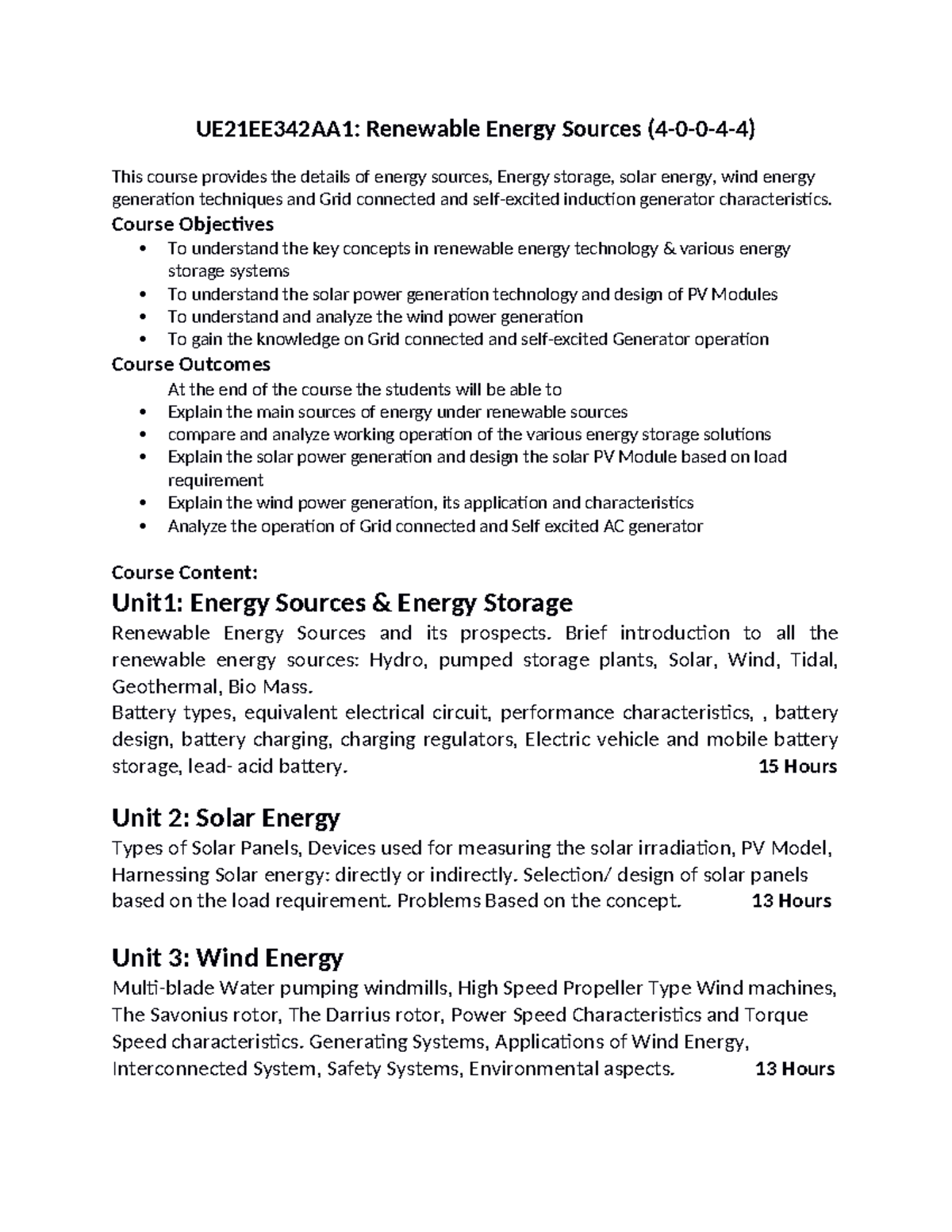 RES Syllabus - UE21EE342AA1: Renewable Energy Sources (4-0-0-4-4) This ...