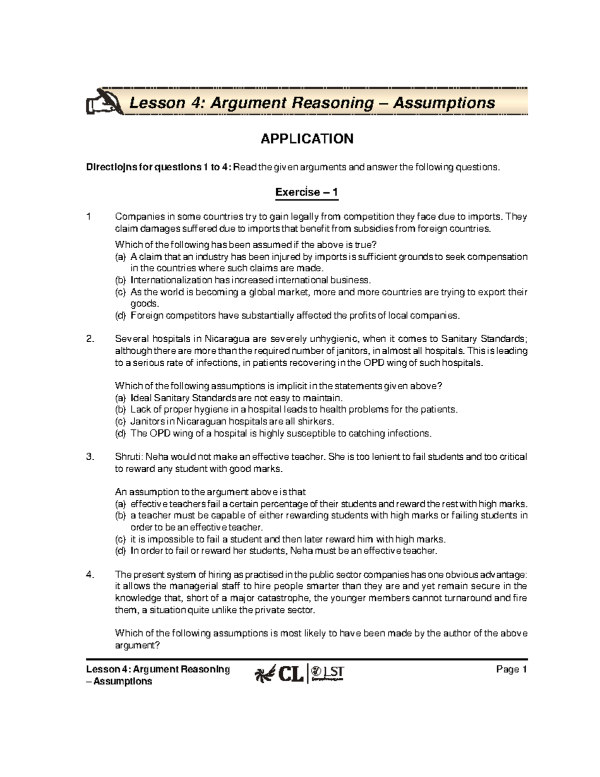 7227 Assumptions-Applications - Lesson 4: Argument Reasoning Page 1 Lesson 4: Argument Reasoning ...