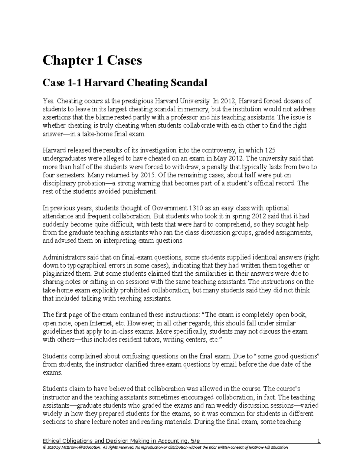 Case 1-1 Harvard Cheating Scandal - Chapter 1 Cases Case 1-1 Harvard ...