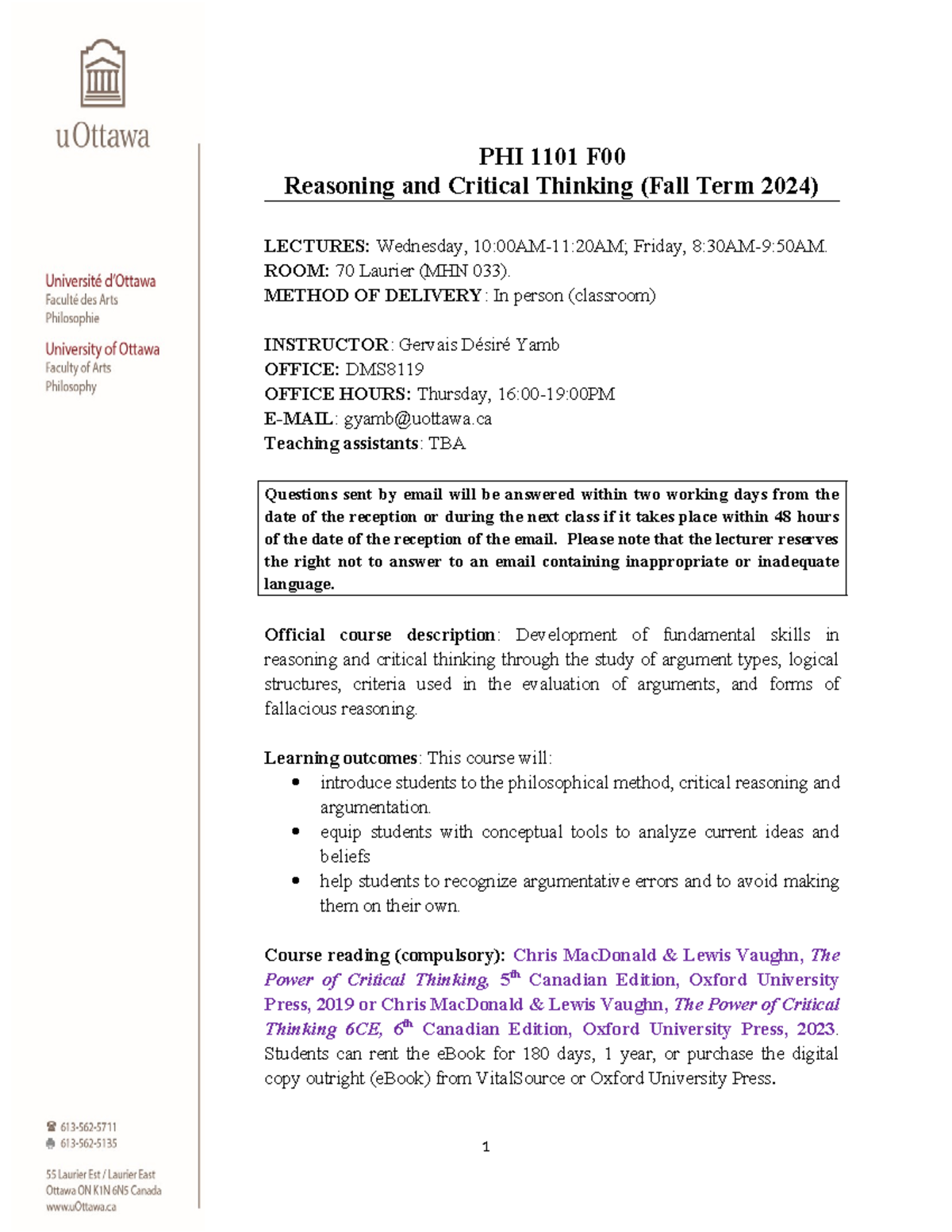 PHI1101F00. Syllabus Fall 2024 - PHI 1101 F Reasoning and Critical ...
