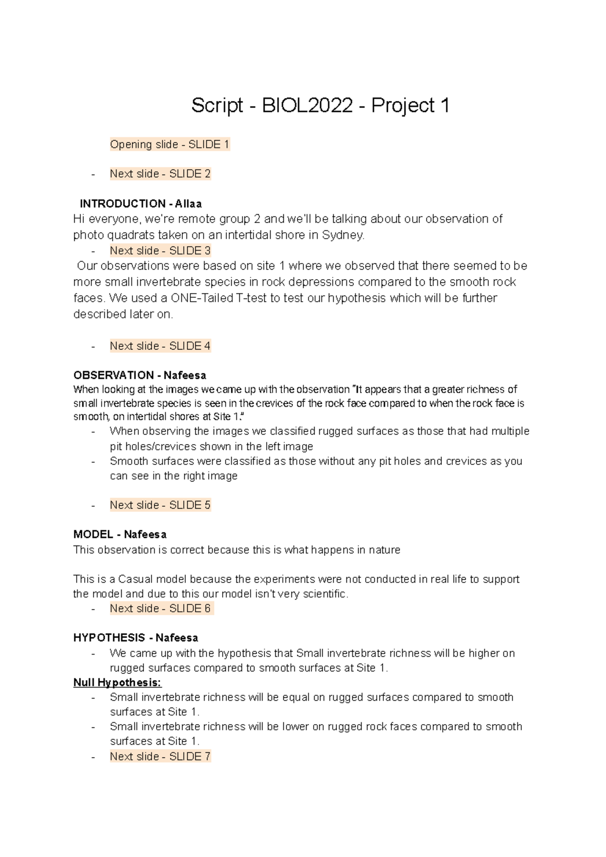 BIOL DOCO - BIOL DOCO - Script - BIOL2022 - Project 1 Opening slide ...