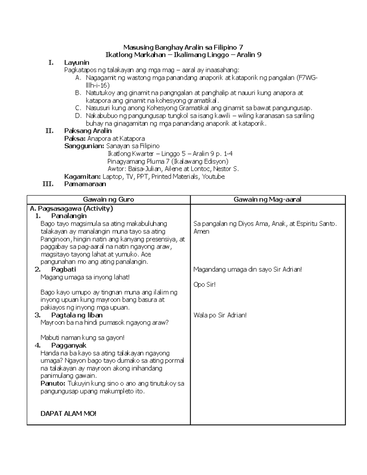 Masusing Banghay Aralin sa Filipino 3 - Layunin Pagkatapos ng talakayan ...