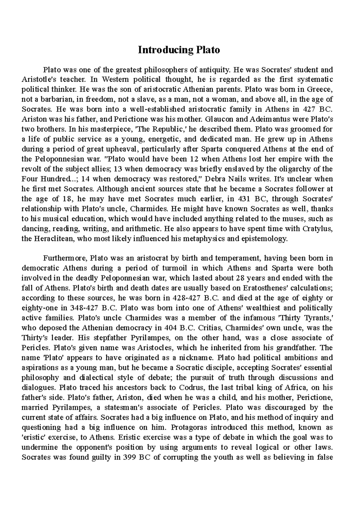 Introducing Plato - Lecture notes 1 - Introducing Plato Plato was one ...