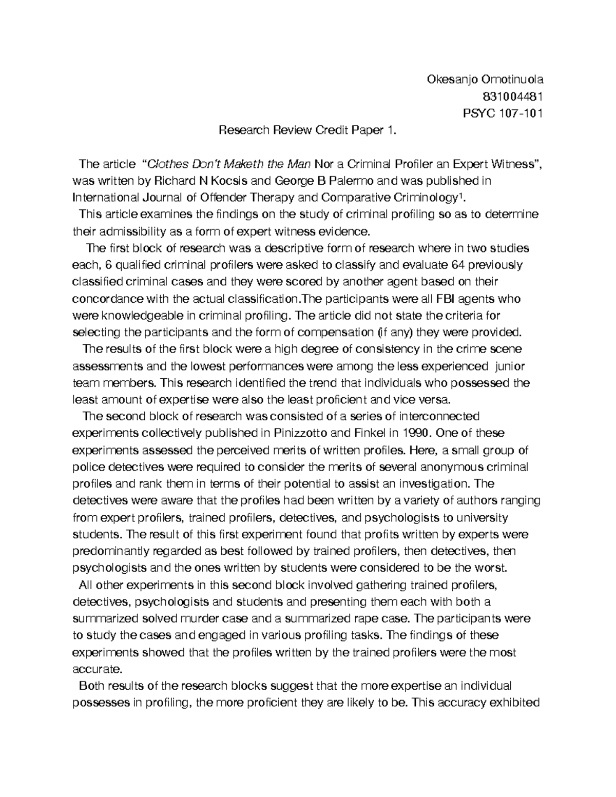 Research Review Credit Paper 1 - Okesanjo Omotinuola 831004481 PSYC 107 ...