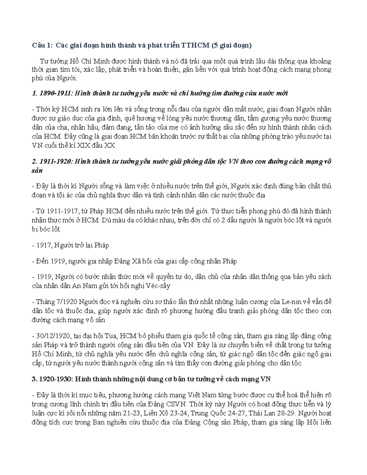 Đề cương Tư tưởng - Câu 1: Các giai đoạn hình thành và phát triển TTHCM ...