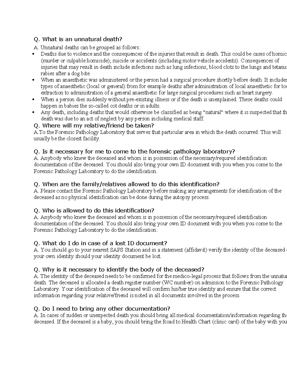 Meidical LAW Questions - Q. What is an unnatural death? A. Unnatural ...