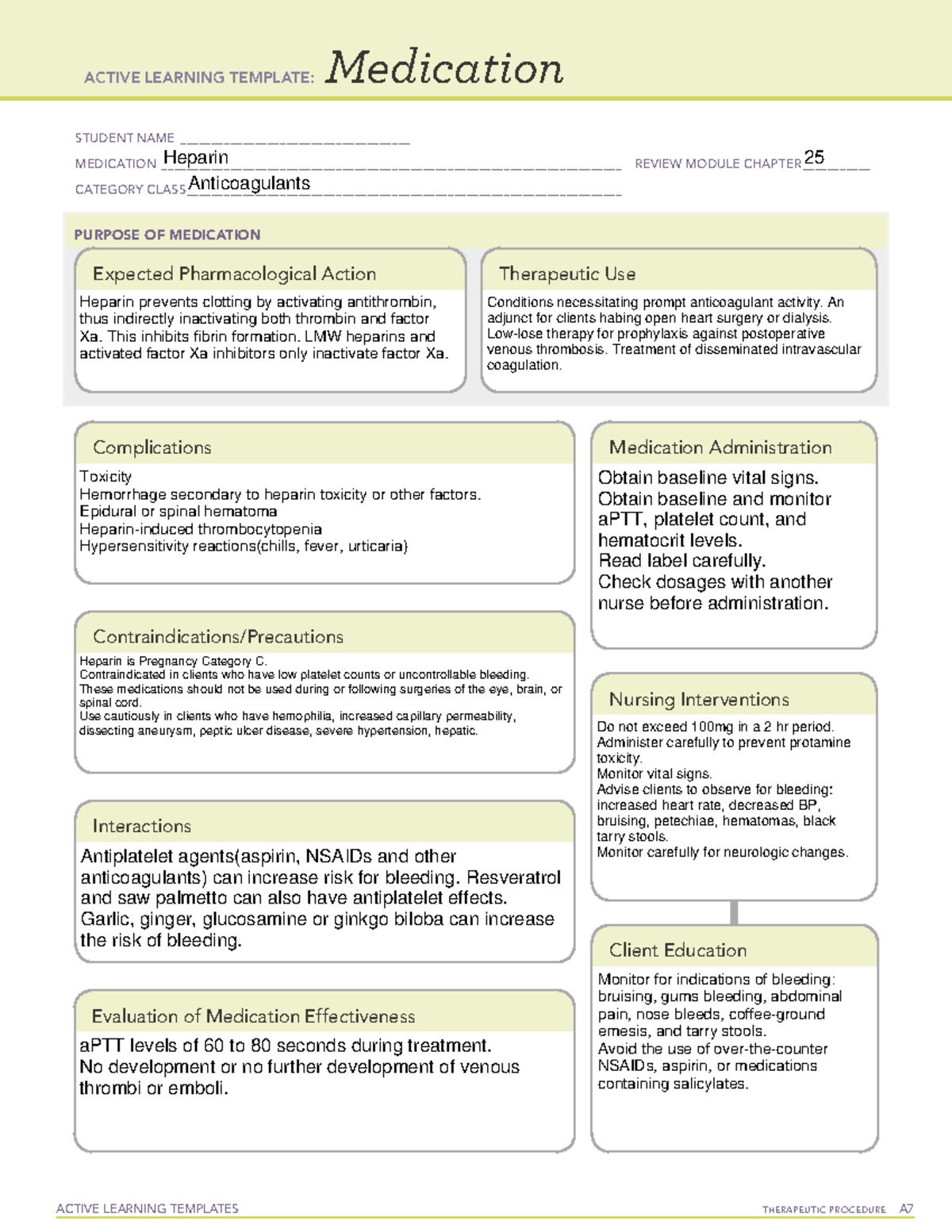 Heparin - ACTIVE LEARNING TEMPLATES TherapeuTic procedure A Medication ...